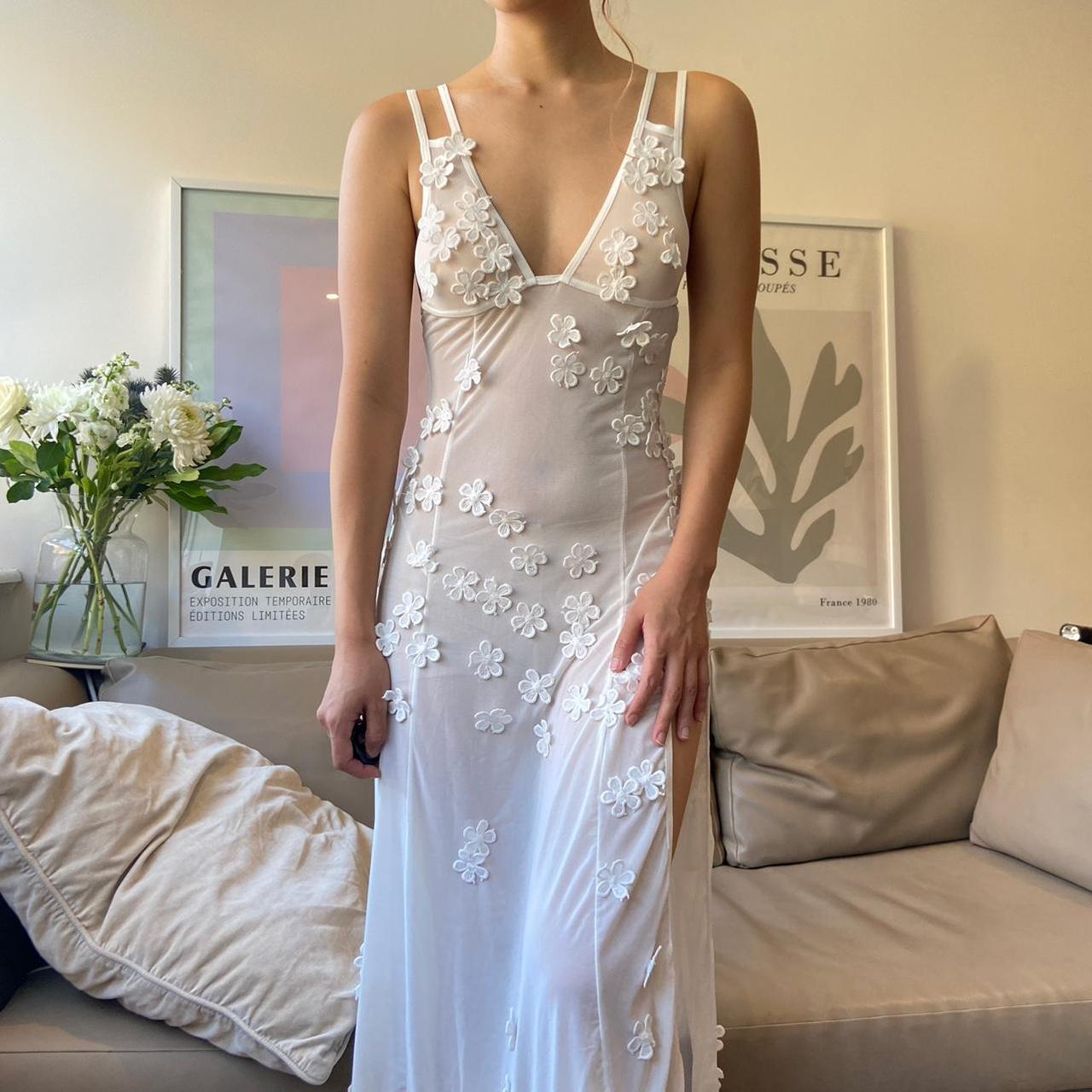 White sheer mesh maxi dress with 3D flower... - Depop