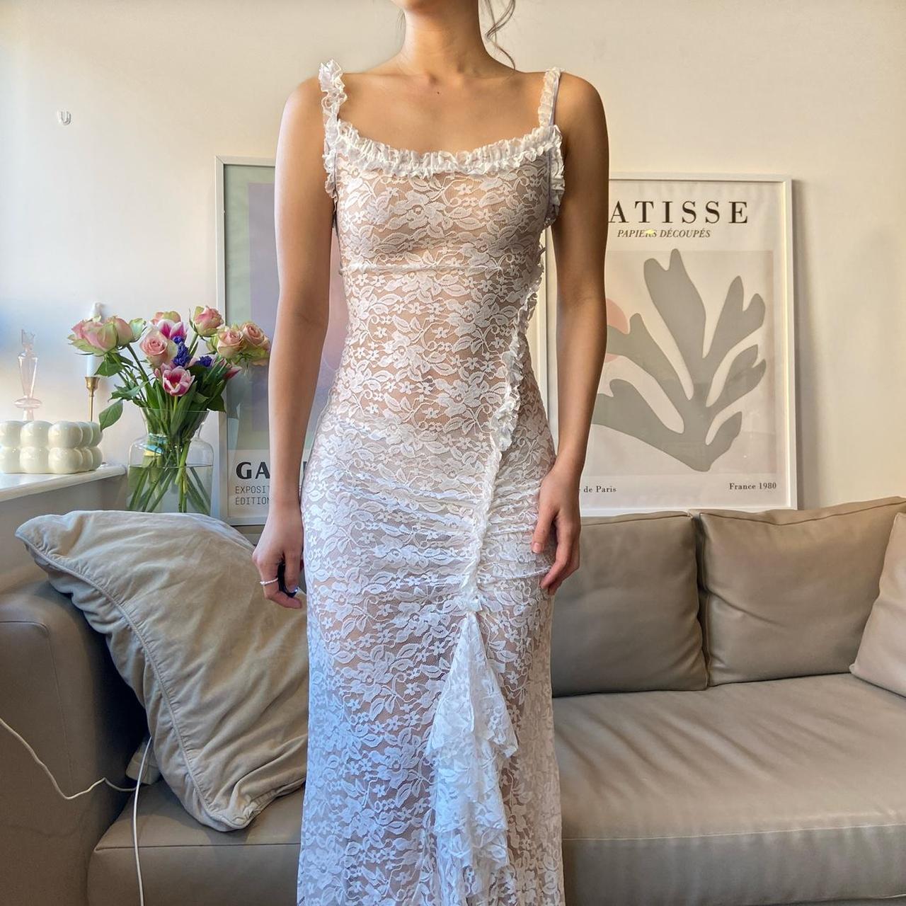 Lace sheer maxi dress white ruffle low backless... - Depop