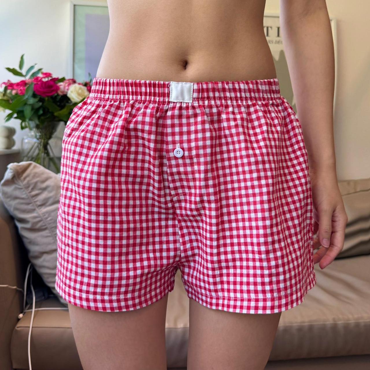 Red plaid low waisted boxer shorts high waisted... - Depop
