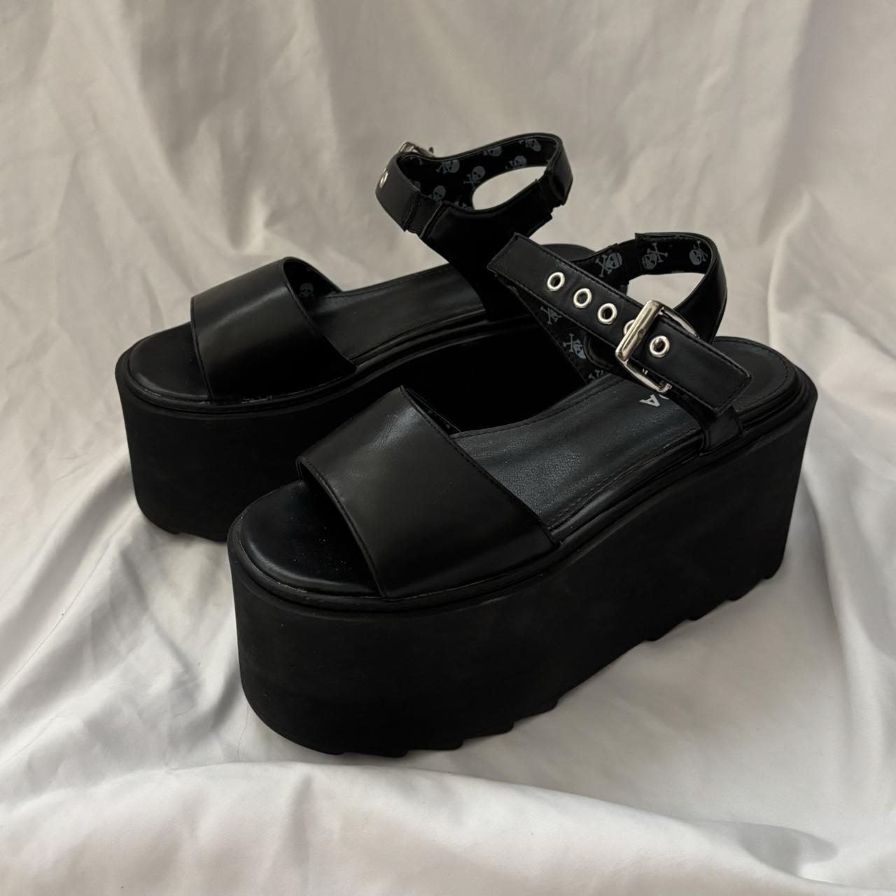 black 4 inch platform sandals with skull pattern... - Depop