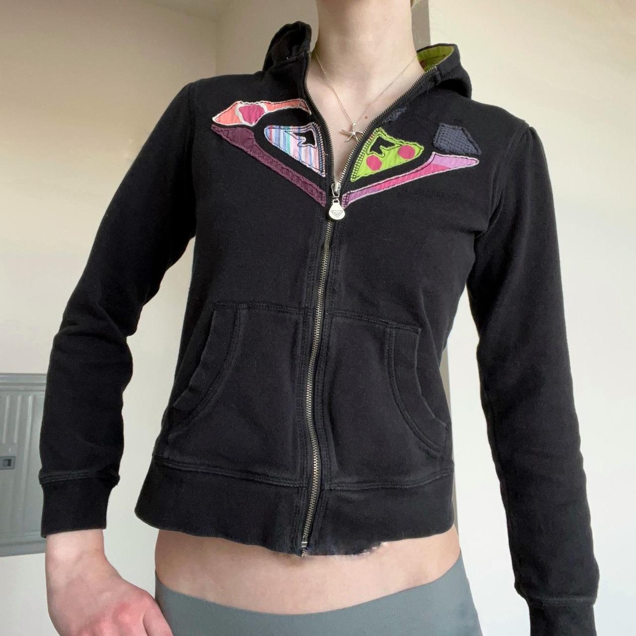 y2k ROXY FITTED PATCHWORK ZIP UP HOODIE black... - Depop