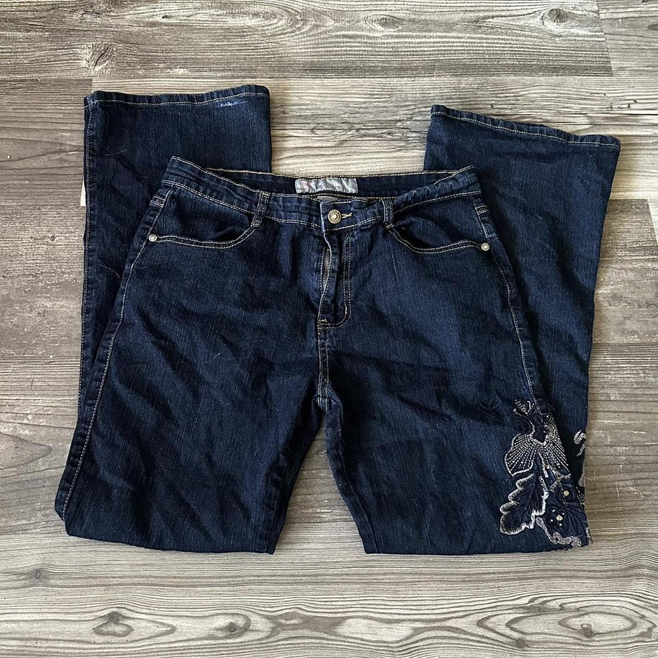 cos jeans dark wash with bedazzled design on the... - Depop