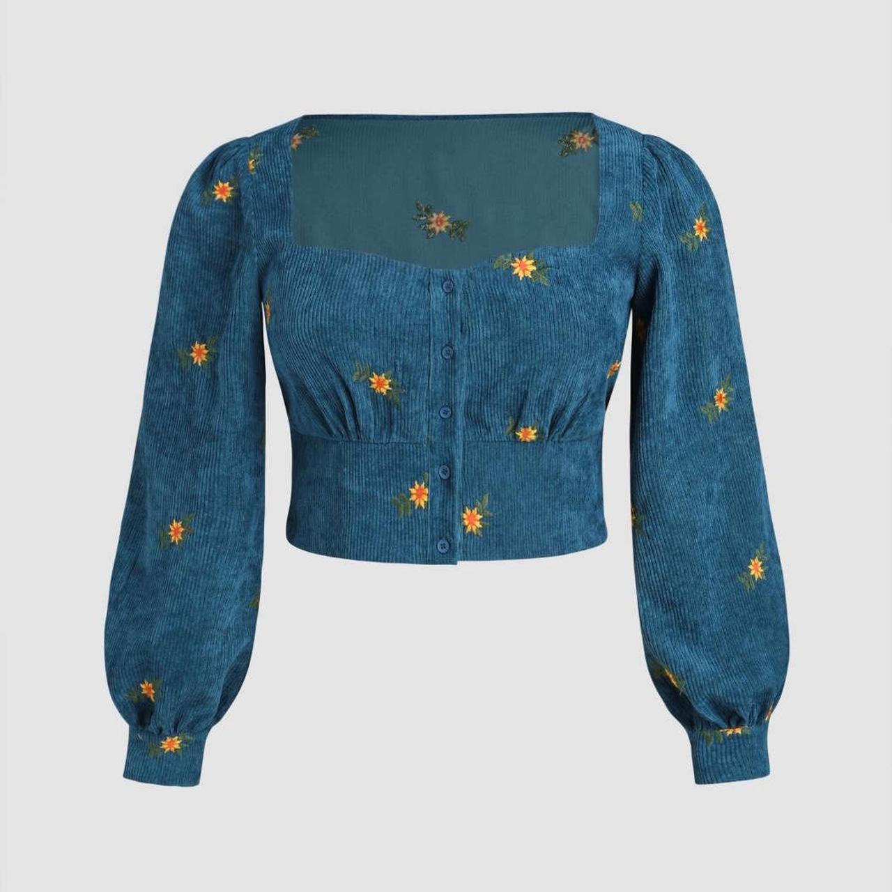 Cider cropped corduroy top. Blue and sunflowers with... - Depop