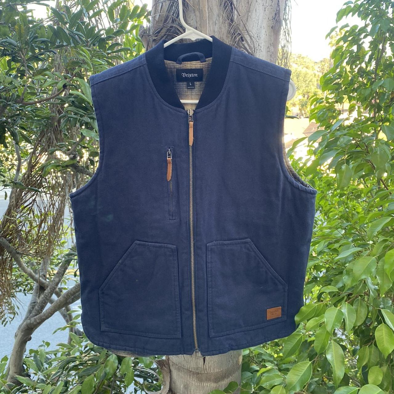 Brixton canvas vest Navy w/ flannel lining Size L,... - Depop