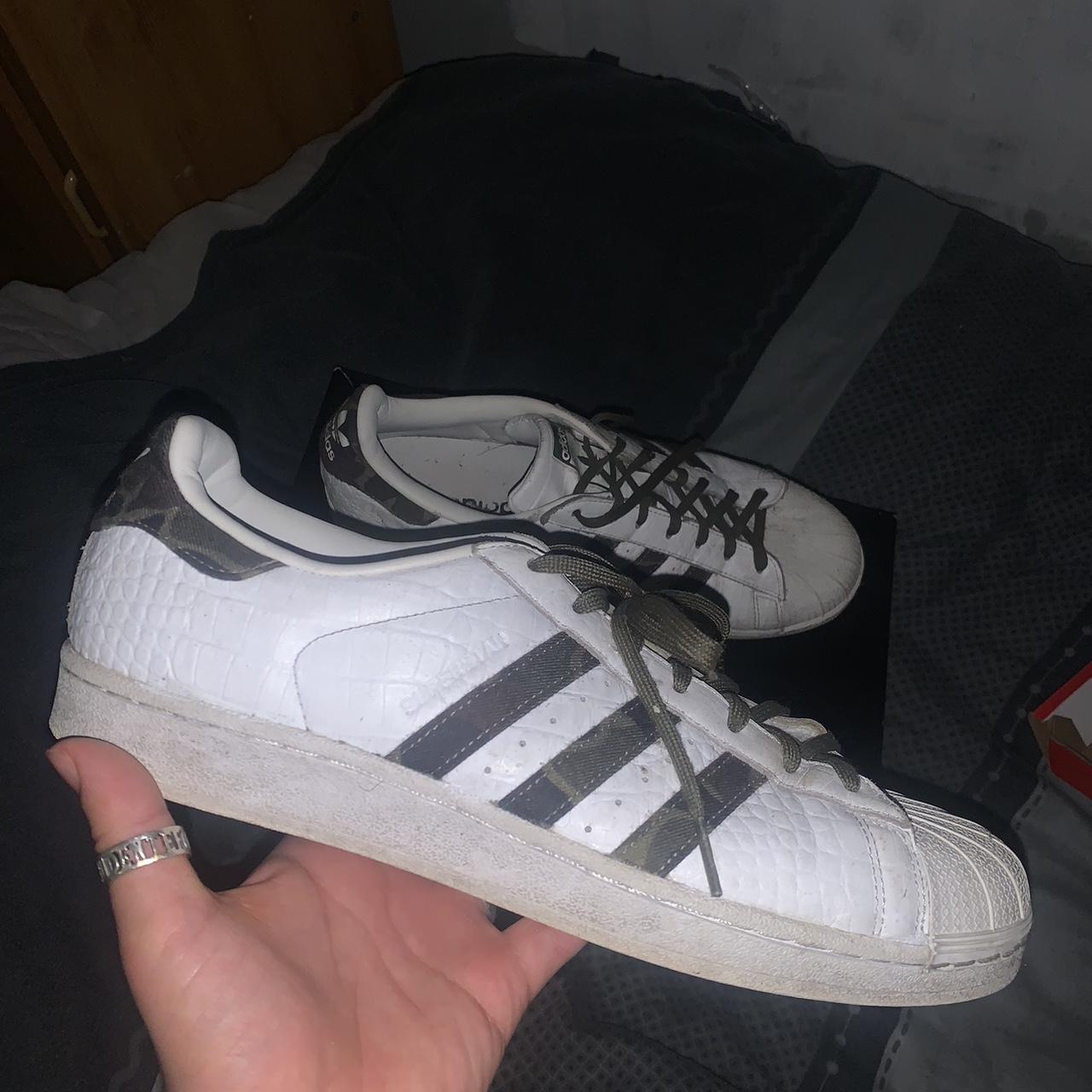 Addidas “shell toes” white and camo logo(size Uk 10)... - Depop