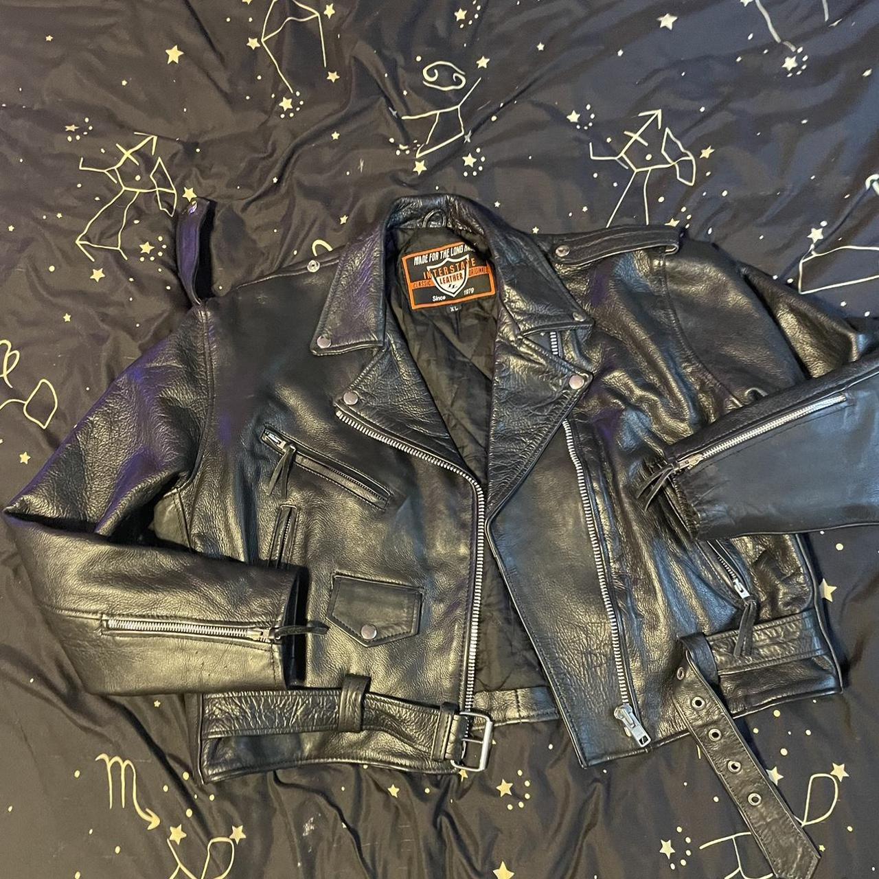 interstate leather cropped motorcycle jacket -size... - Depop