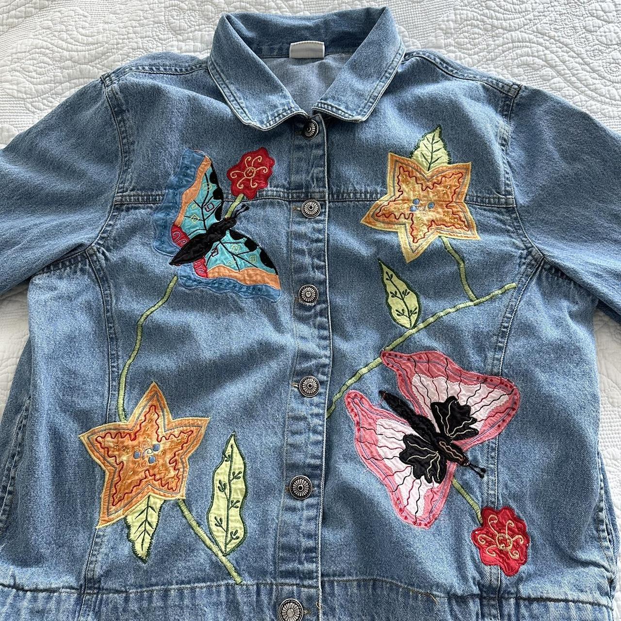 butterfly embroidered denim jacket fits like a... - Depop