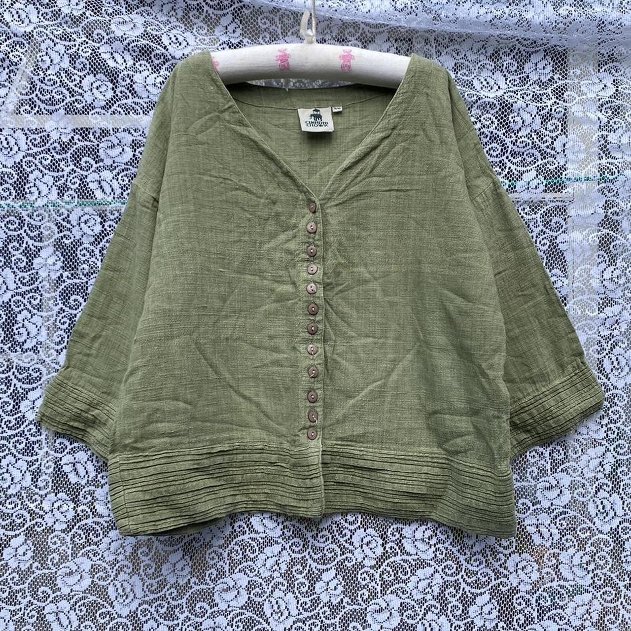 Vintage sage green, linen-textured blouse... - Depop