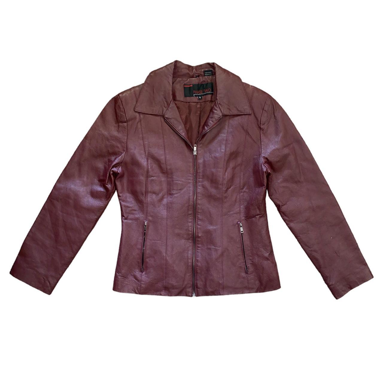 phase two red/burgundy leather jacket size small - Depop
