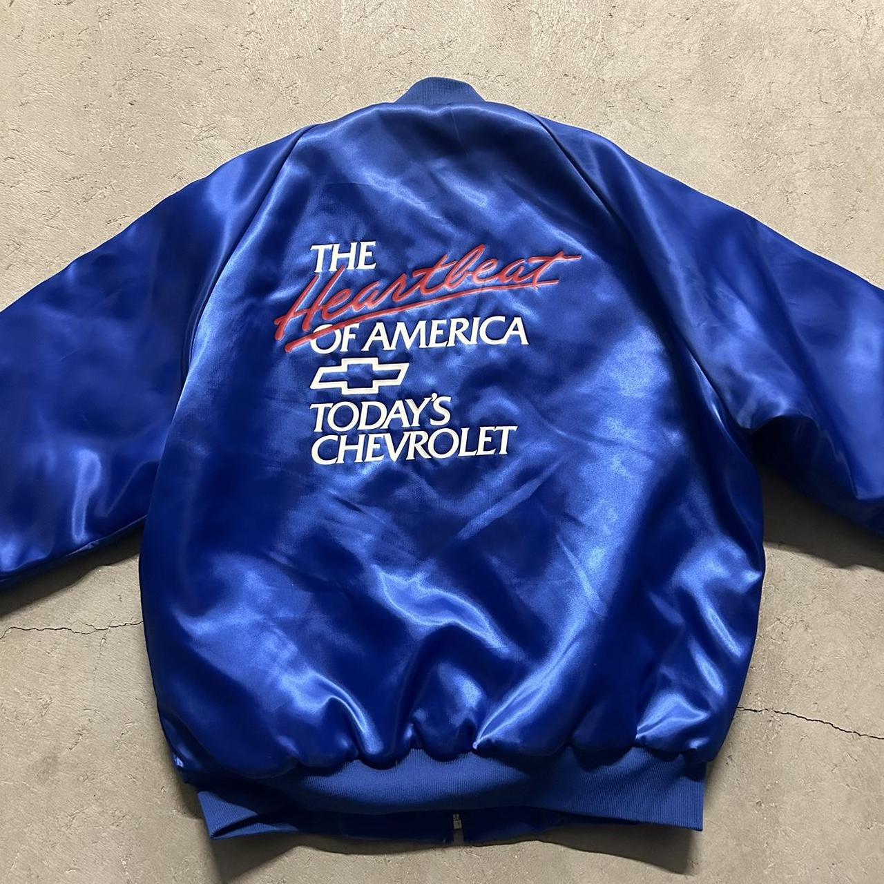 Vintage 1990’s Blue Satin Bomber Jacket Chevrolet... - Depop