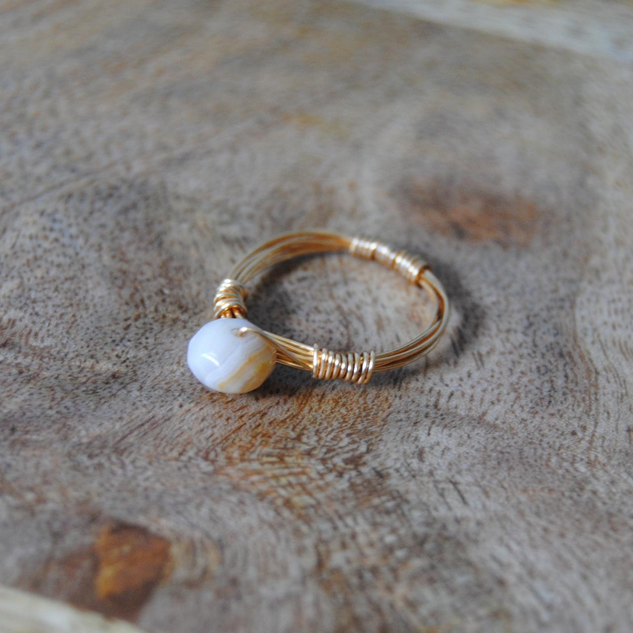 Minimal Wire Wrapped Cream Agate Ring Size... - Depop