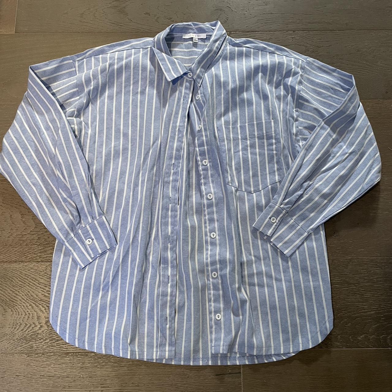 button up t-shirt blue and white pin stripe size... - Depop