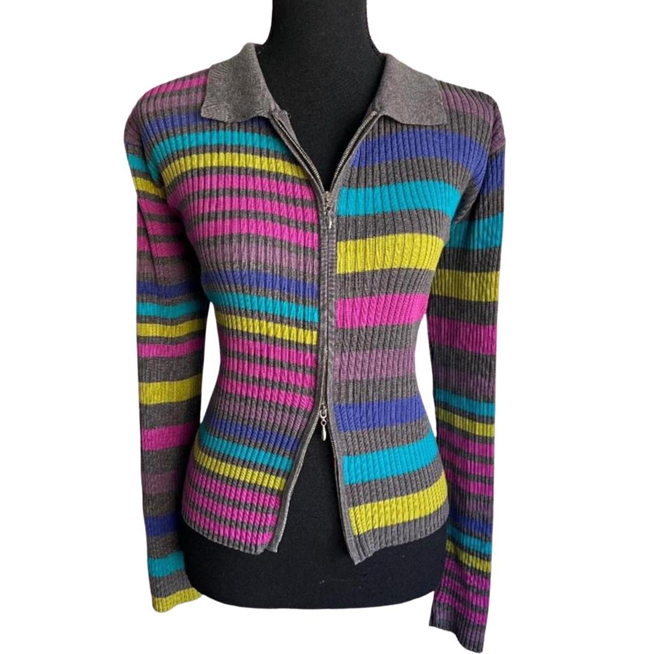 vintage 90s rainbow striped double zip sweater... - Depop