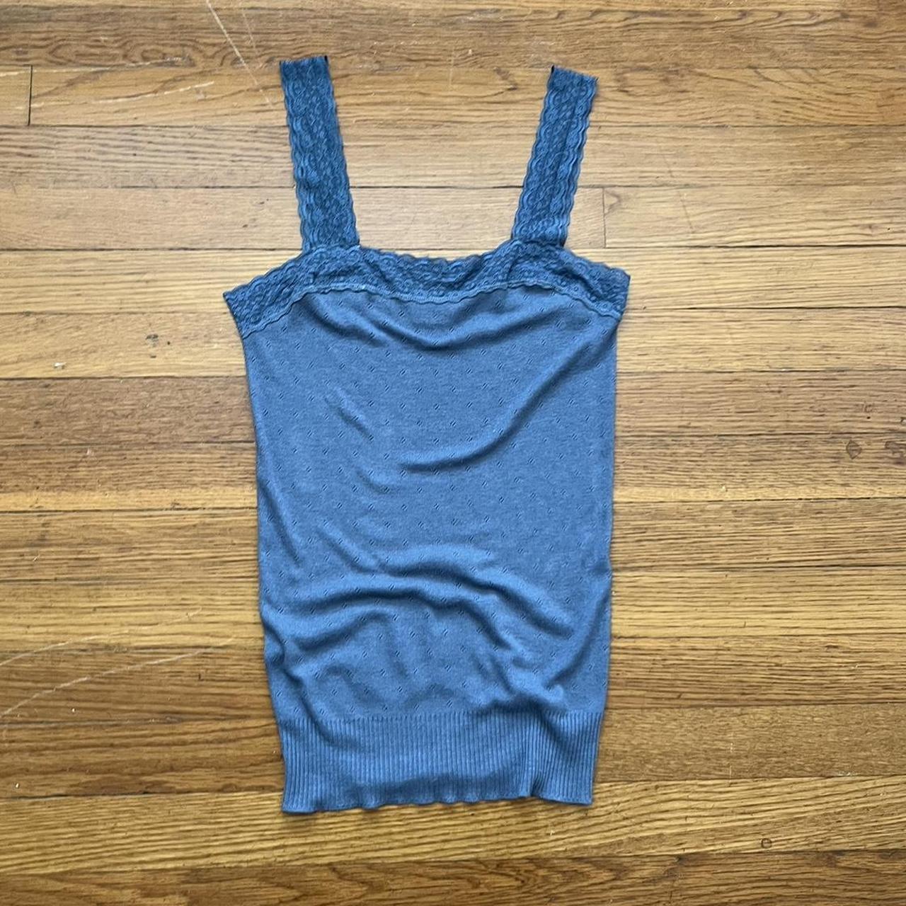 dusty blue knit tank with lace details super... - Depop