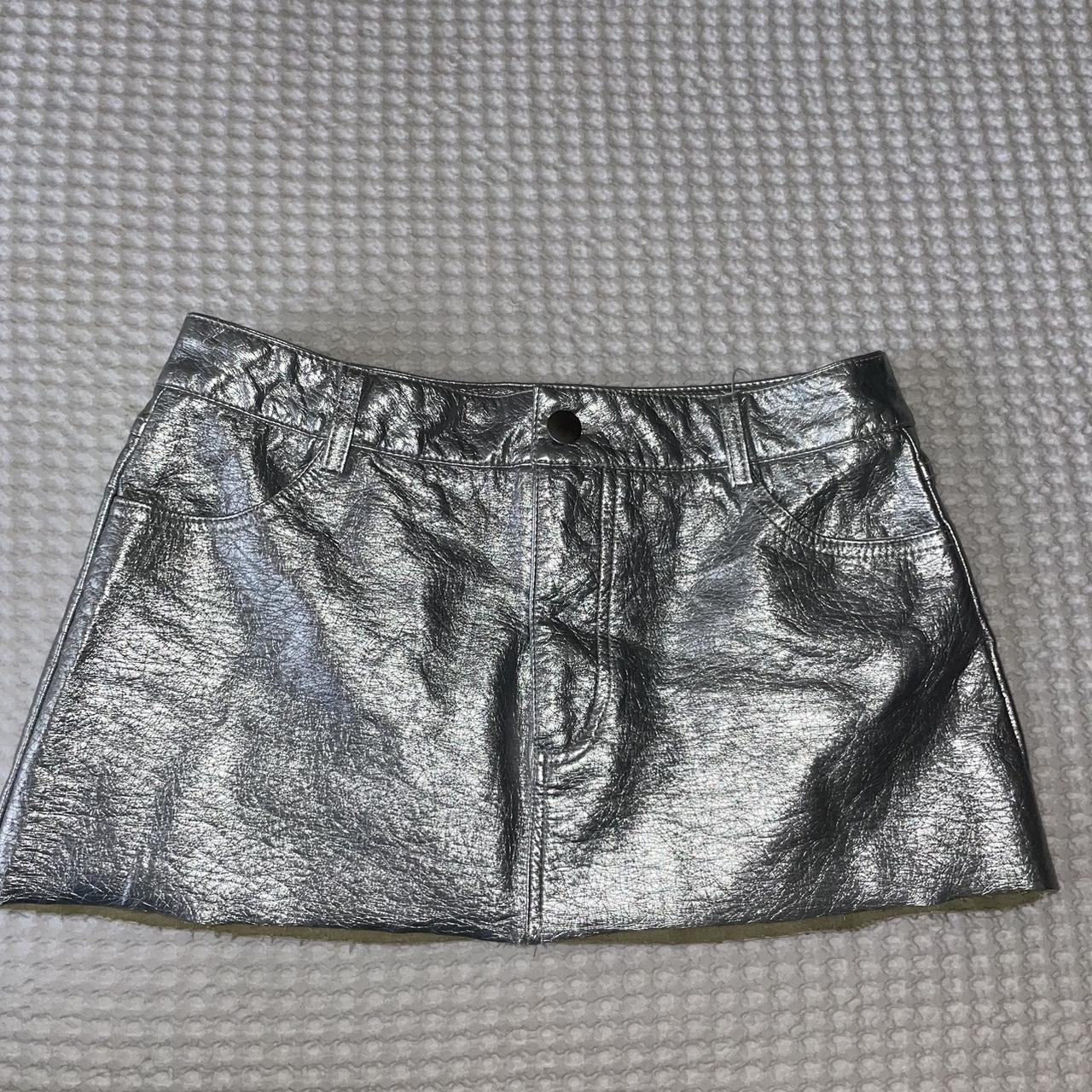 silver metallic mini skirt size: xs - Depop