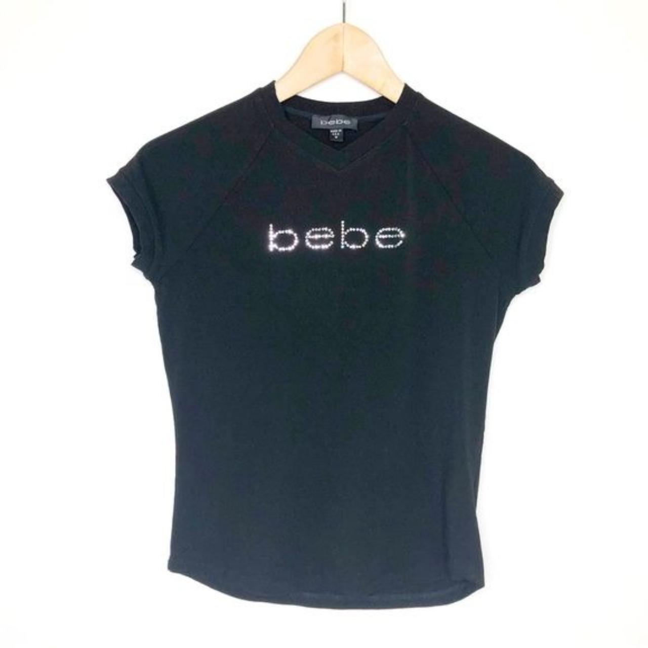 Bebe, black rhinestone logo, short sleeve T-shirt,... - Depop