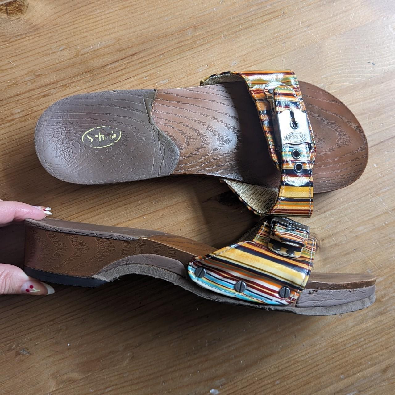 Vintage chunky wooden flip flop sandals with stripey... - Depop