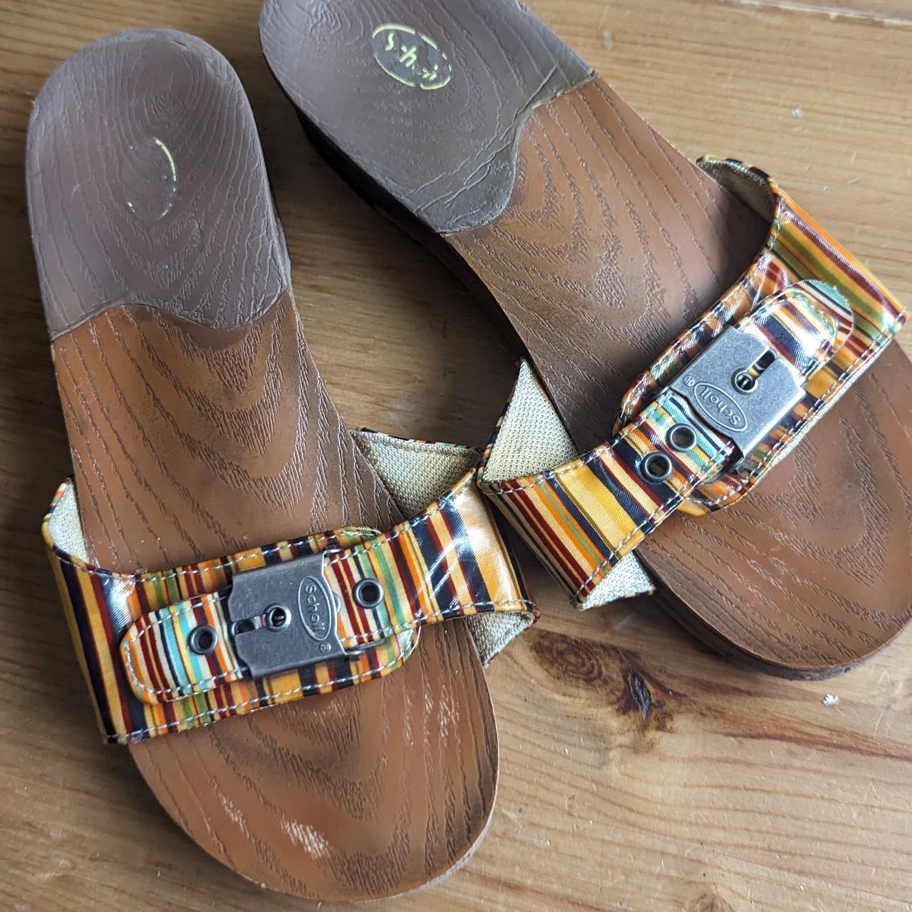Vintage chunky wooden flip flop sandals with stripey... - Depop