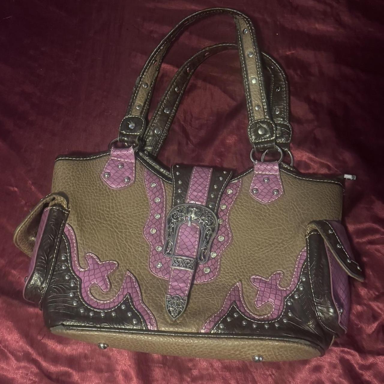Brown and purple western-style handbag with silver... | Depop