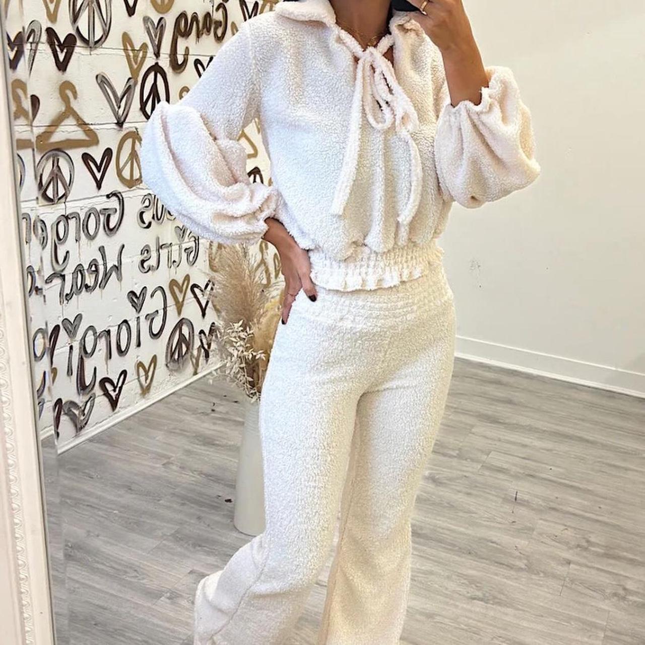 Cream teddy co ord tracksuit Teddy borg puff sleeve... - Depop