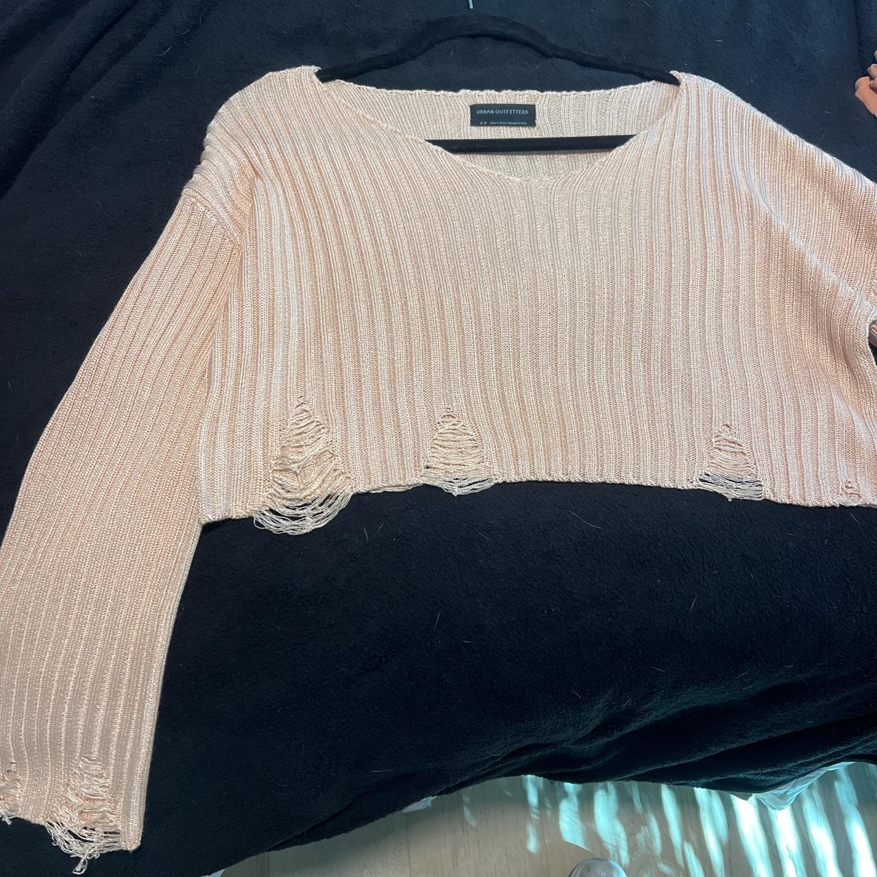 Peach/tan cropped long sleeve distressed top from... - Depop