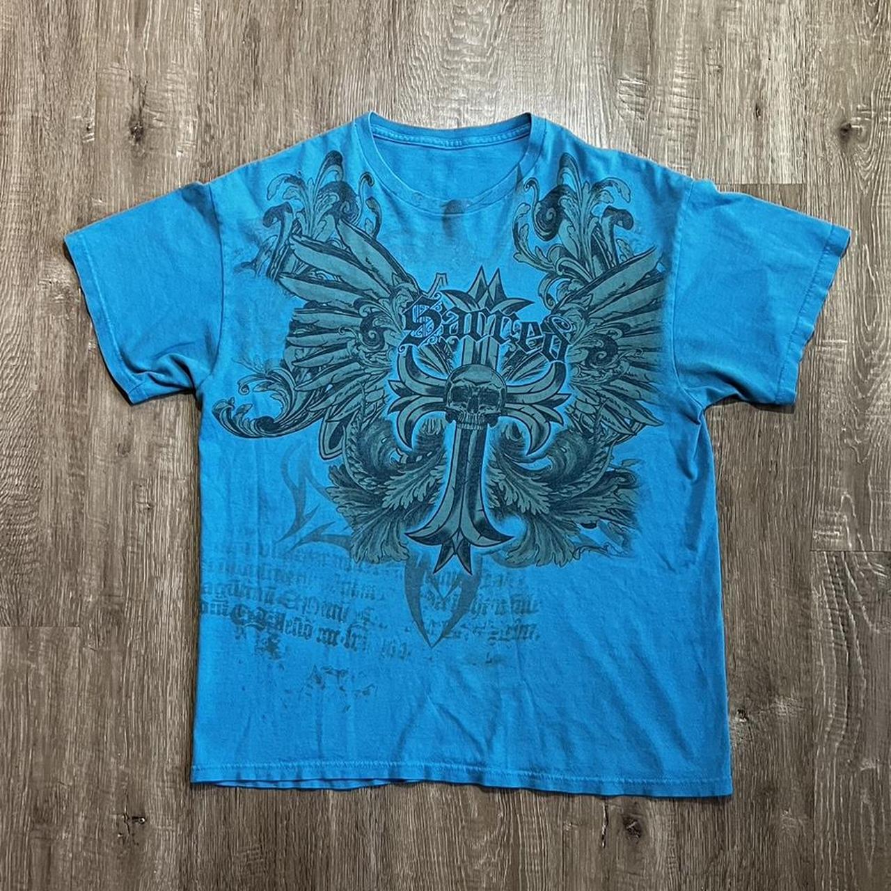 dope blue y2k graphic tee - very small hole on front... - Depop
