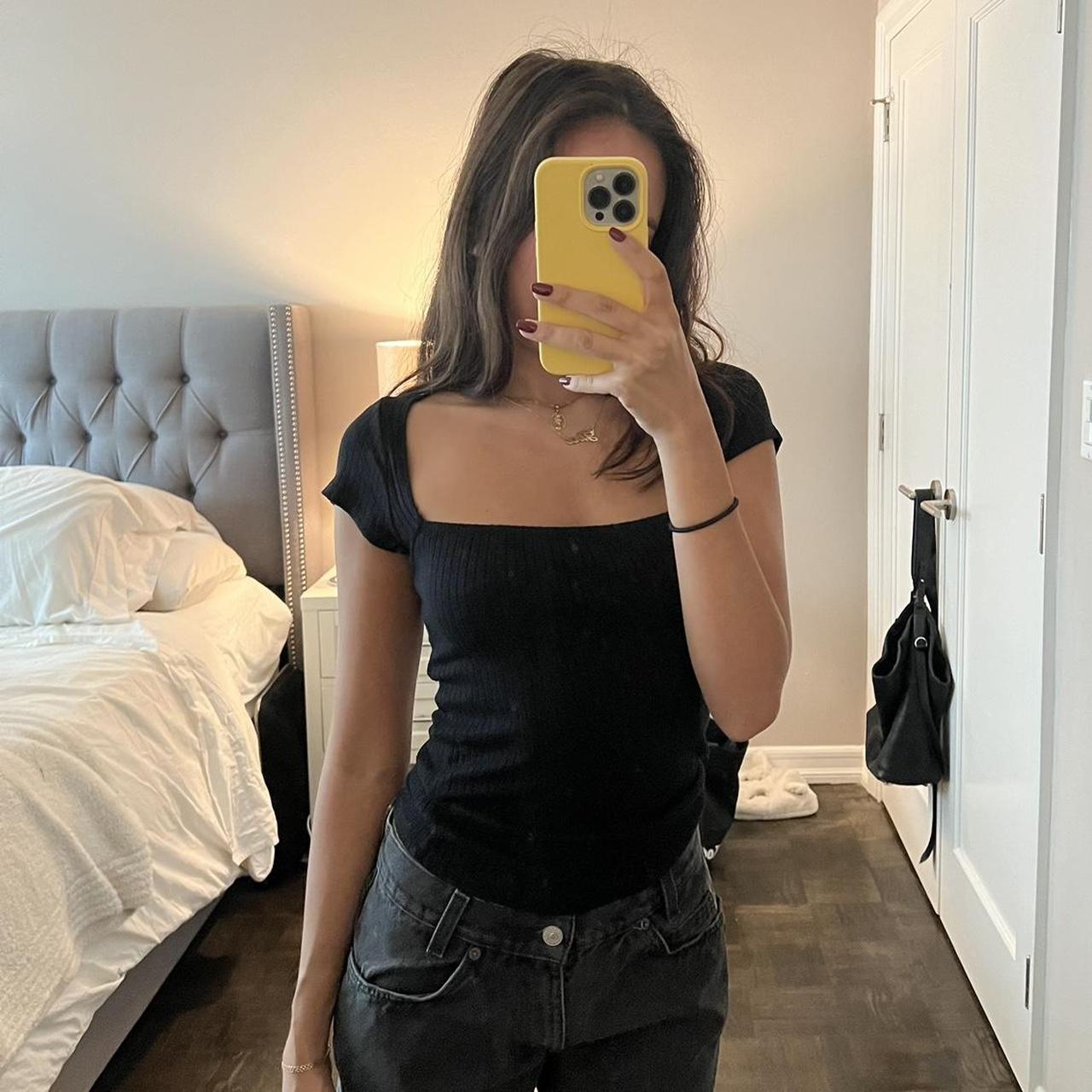 Reformation square neck black short sleeve top Size XS - Depop