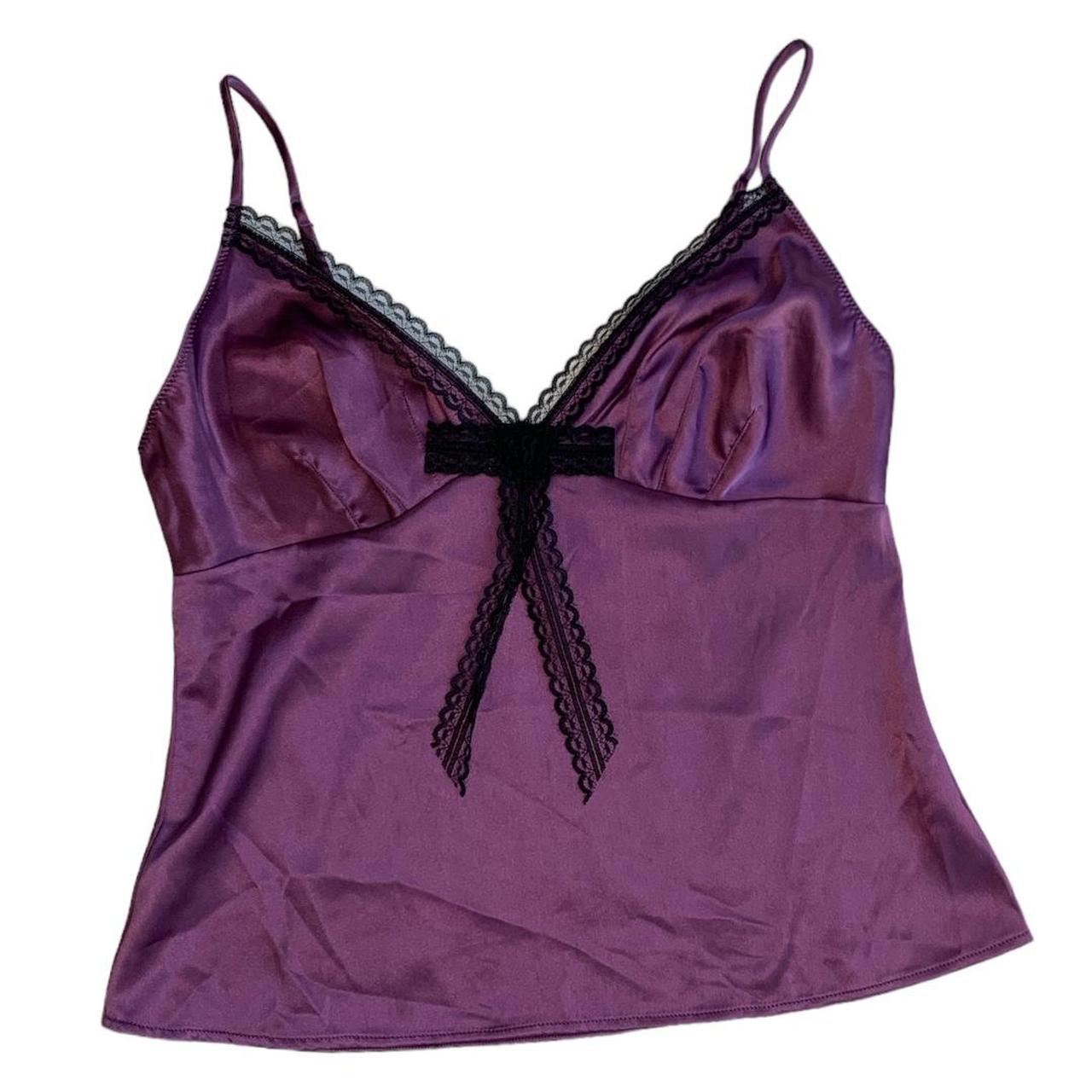 Gorg purple satin cami with black lack trim and bow - Depop