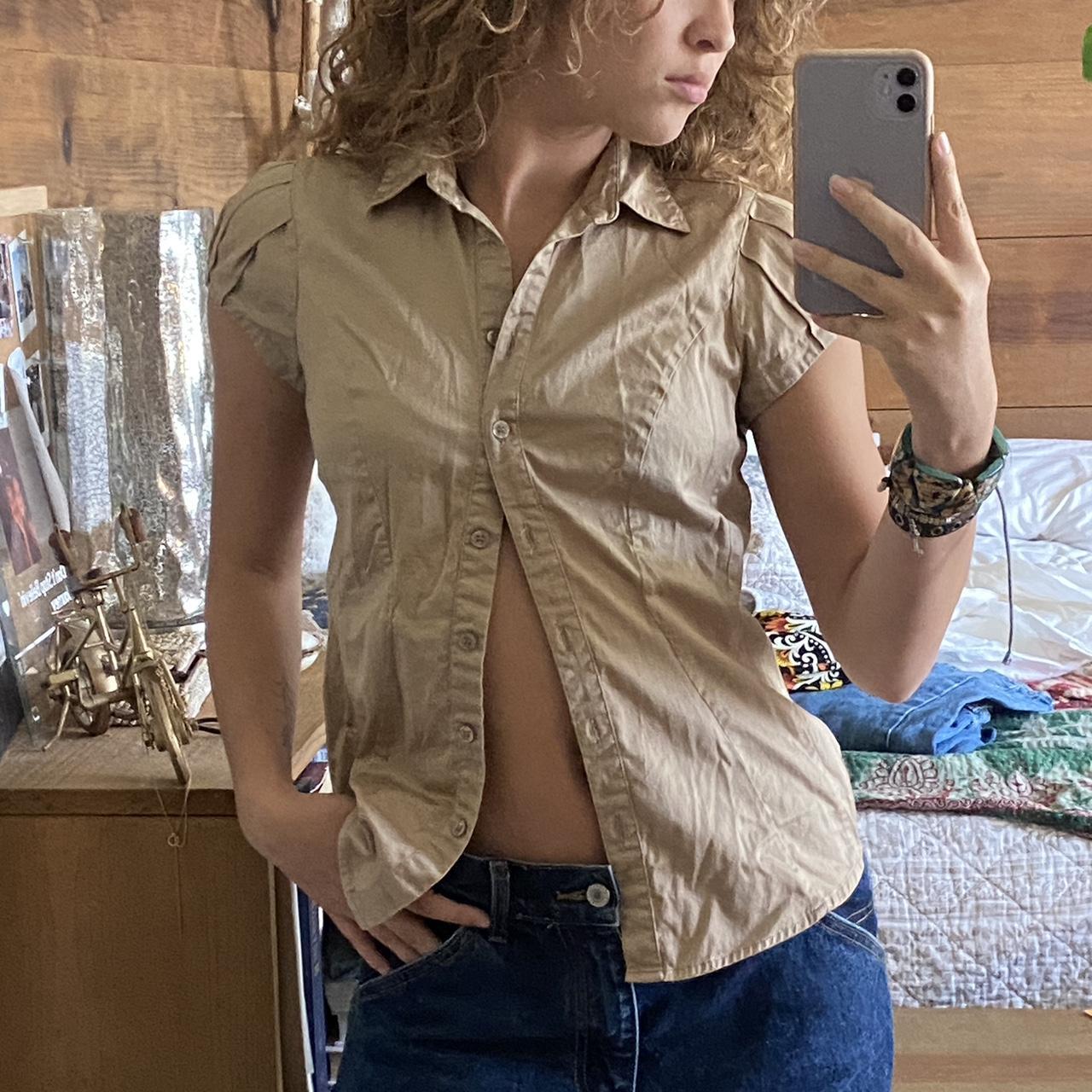 fitted y2k beige button up great layering top. size s. - Depop