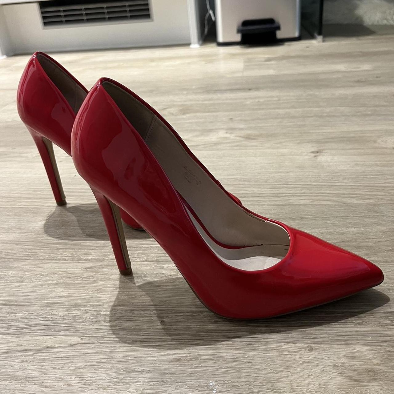 Red patent prettylittlething plt stiletto heels Worn... - Depop