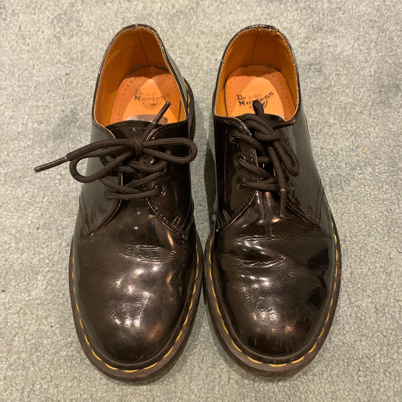 Well worn Doc Martens in Patent Black Leather. UK... - Depop