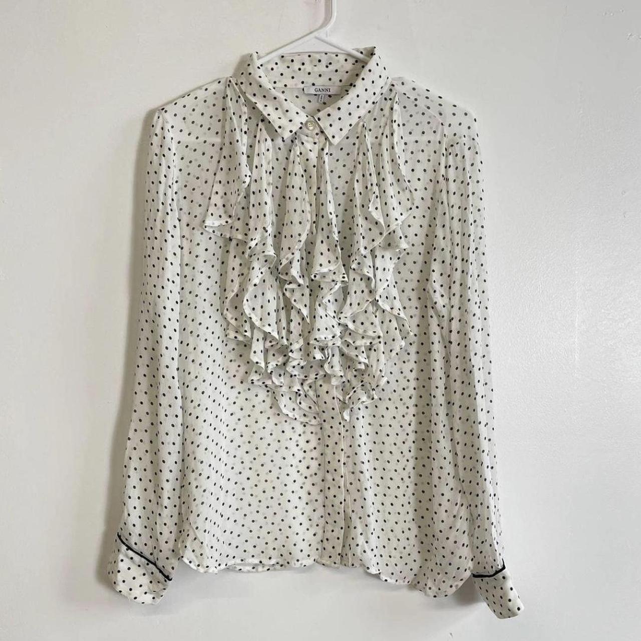 Ganni polka dot ruffle button down secretary blouse... - Depop