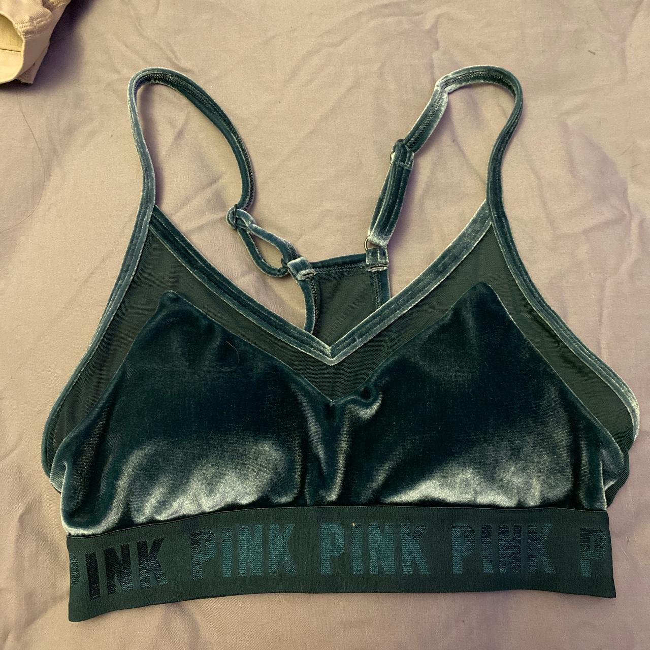 PINK victoria secret sports bra in dark green velvet... - Depop