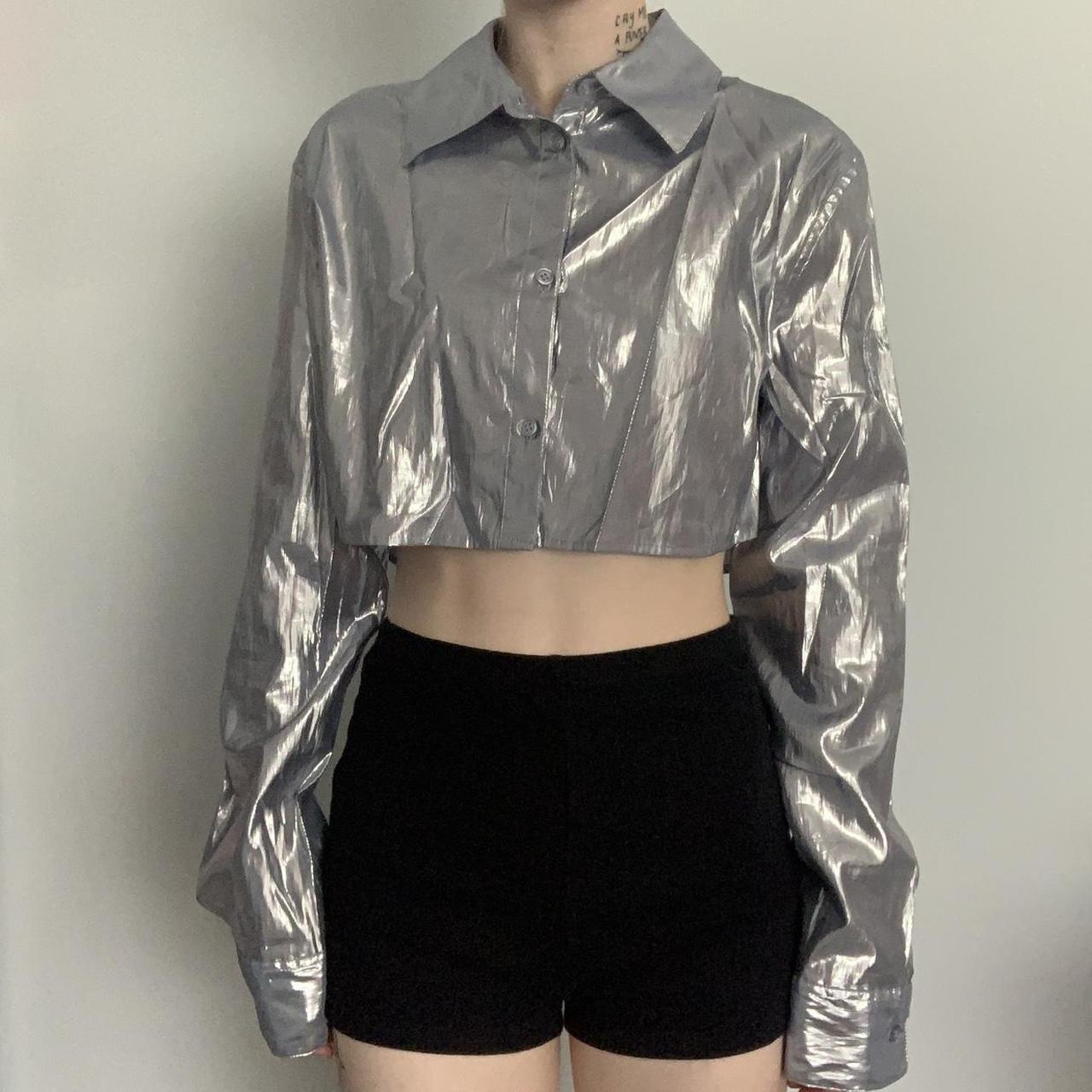 Metallic top Shiny blue-grey cropped button-up.... - Depop