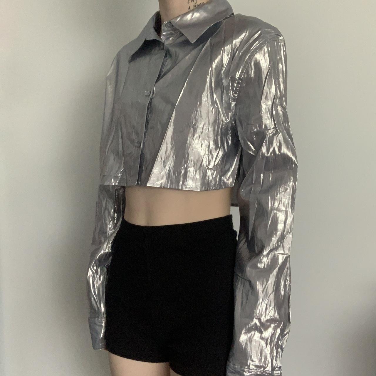 Metallic top Shiny blue-grey cropped button-up.... - Depop