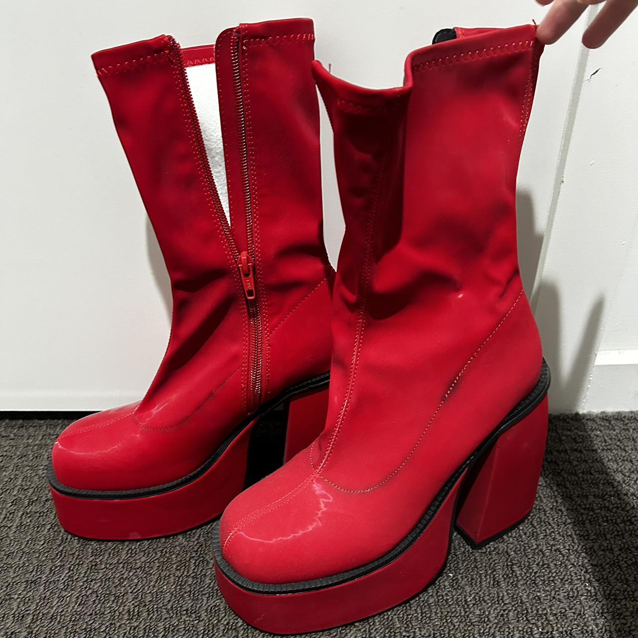 Red mid calf platform boots! Worn once, made me... - Depop