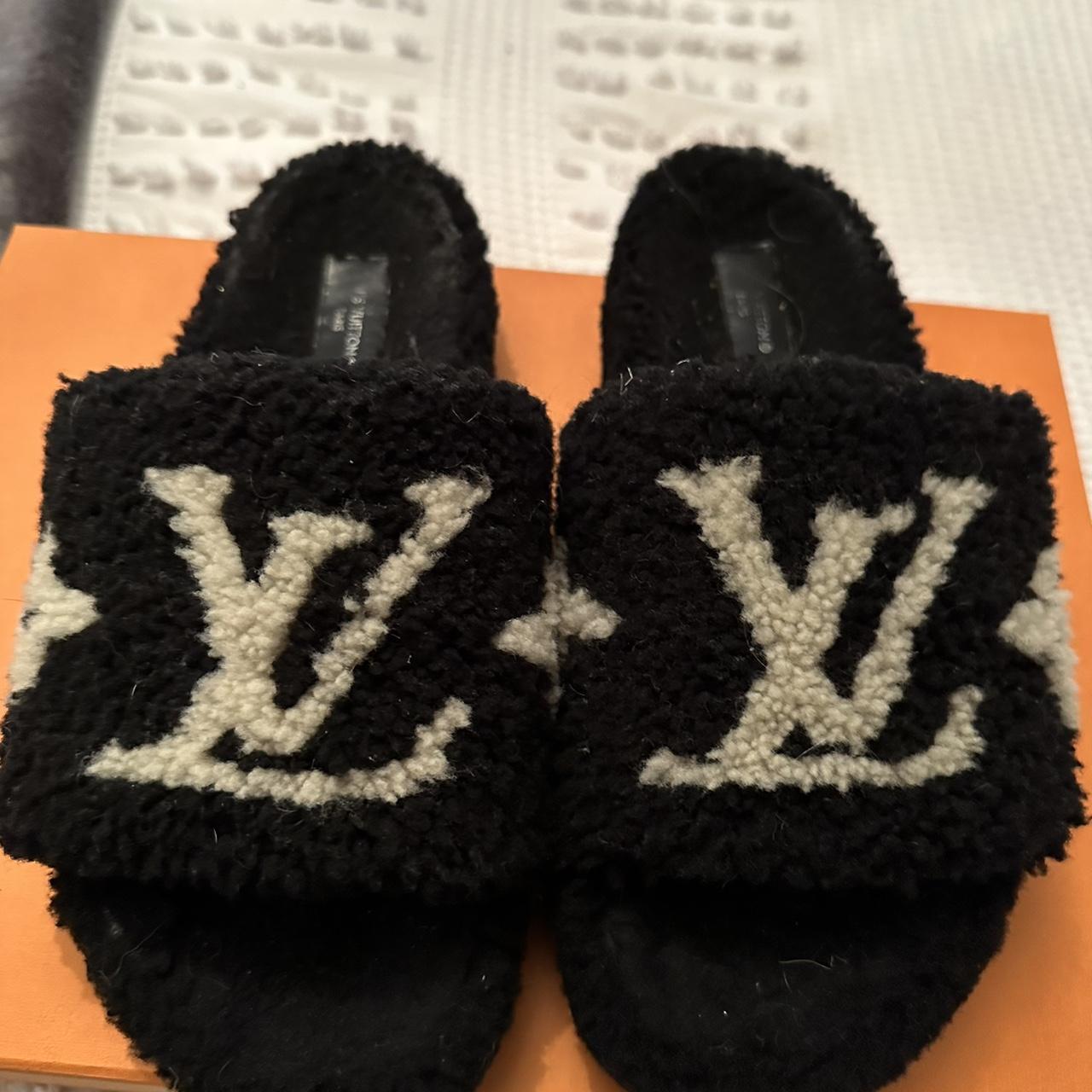 Fluffy Louis Vuitton genuine sliders used condition... - Depop