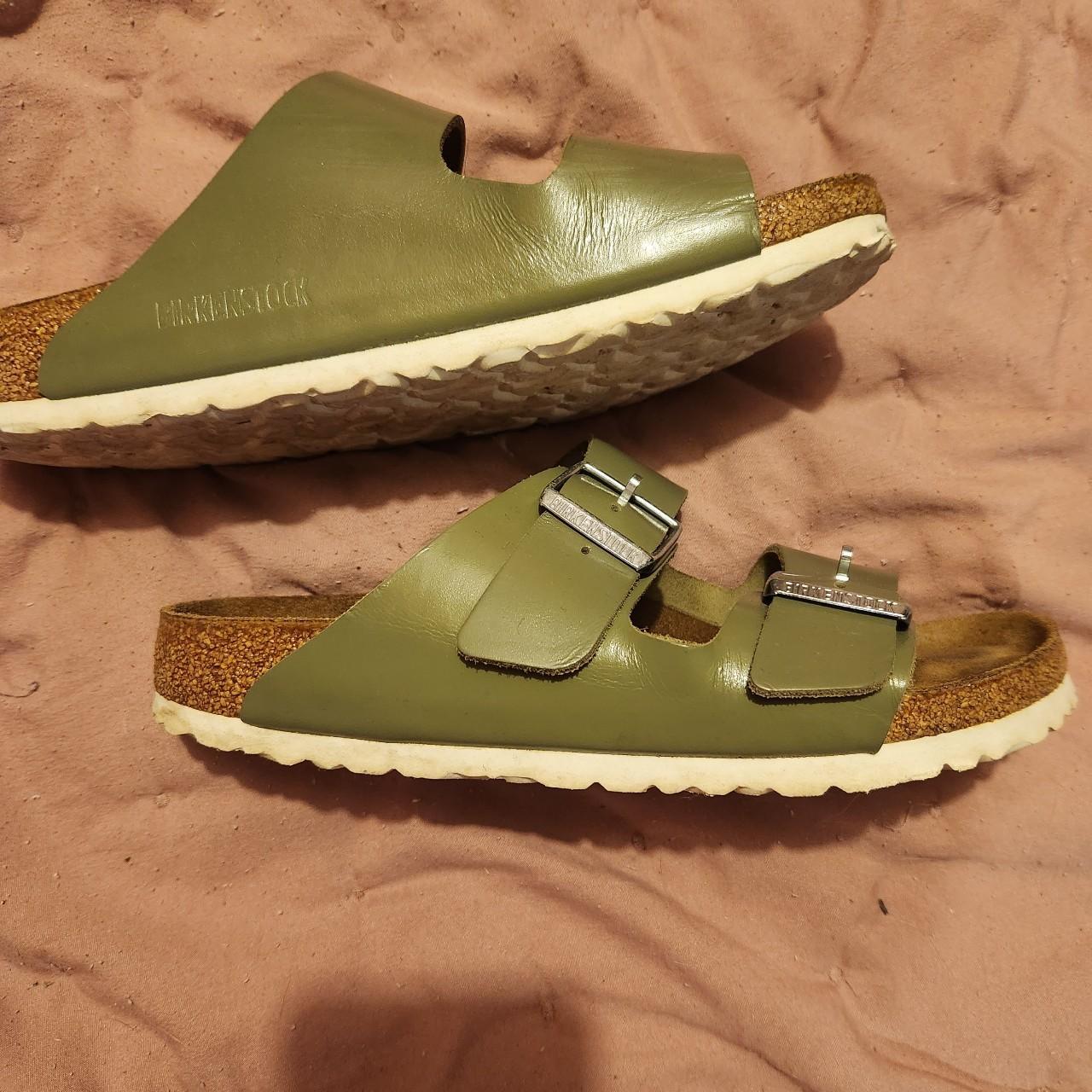 Sage green birkenstock sandals with the double... - Depop