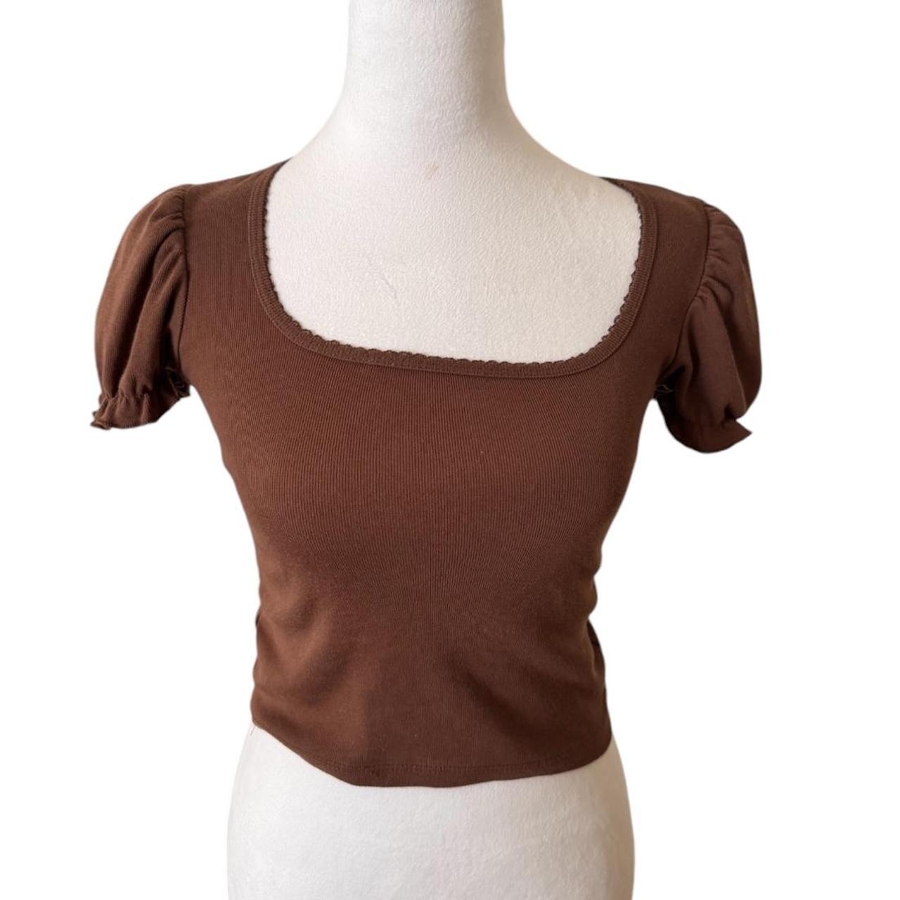 brandy Melville brown puffed sleeve top - Depop