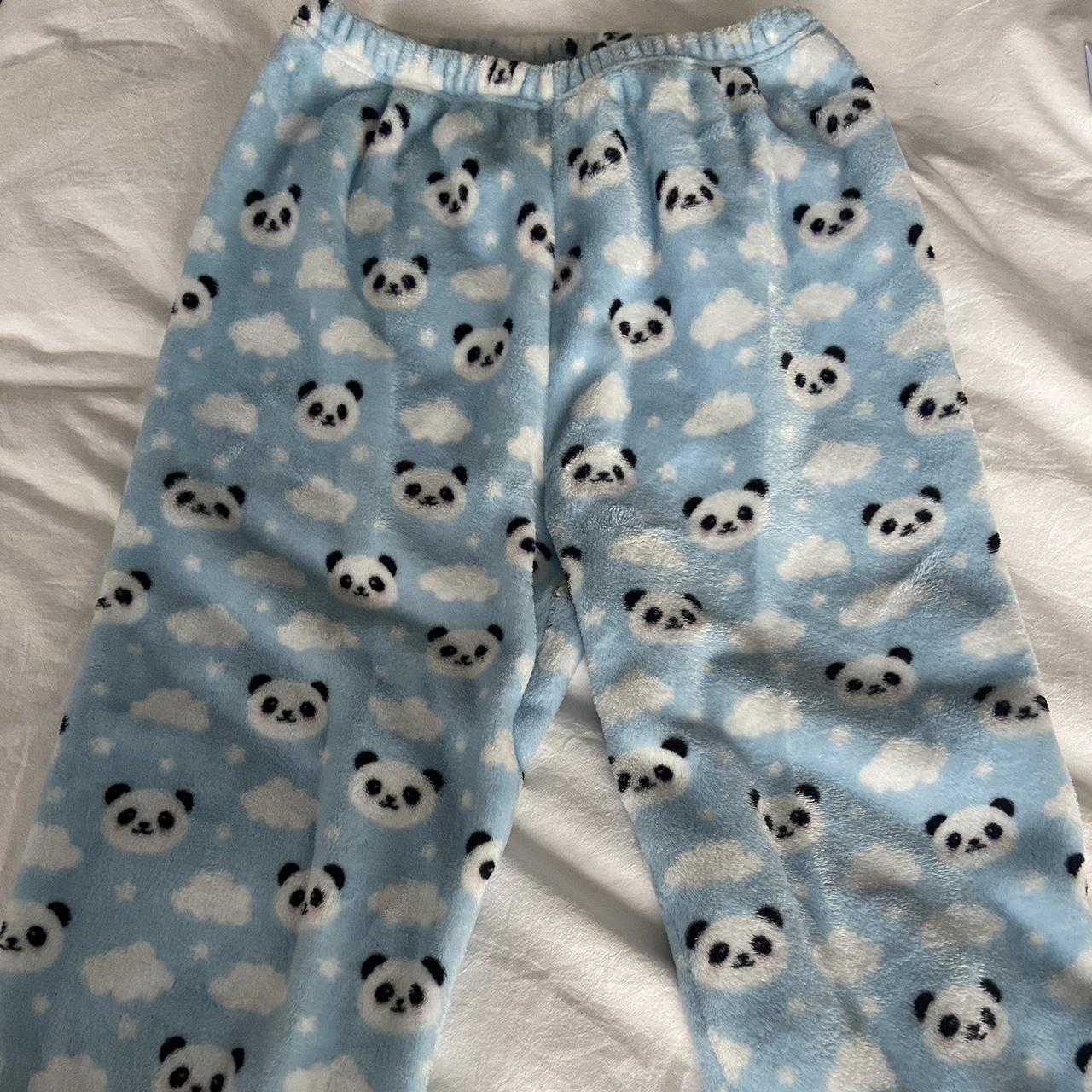 blue panda fluffy pyjama pants size 10 but fits a... - Depop