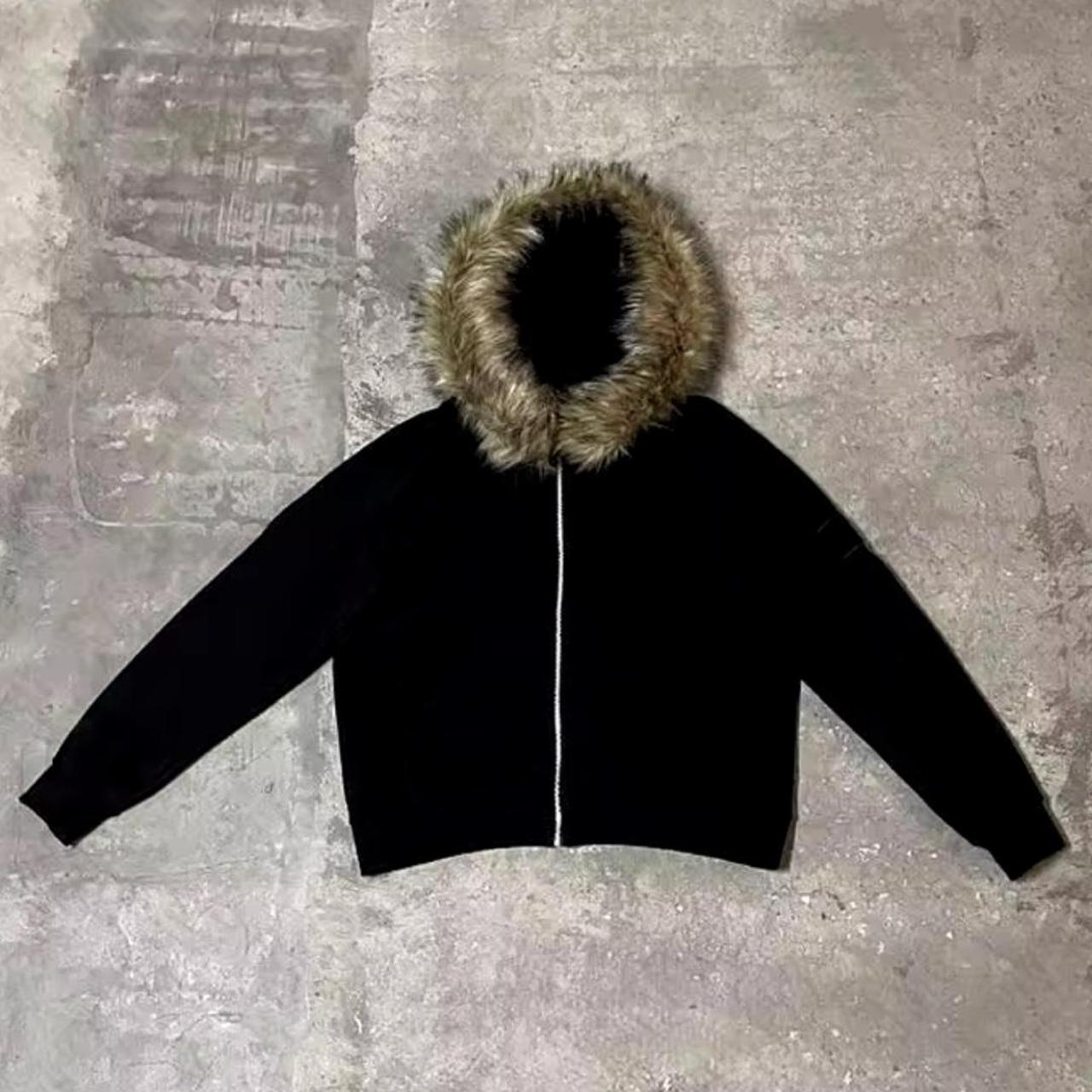 Black Fur Zip-Up Hoodie Black faux fur hooded... - Depop