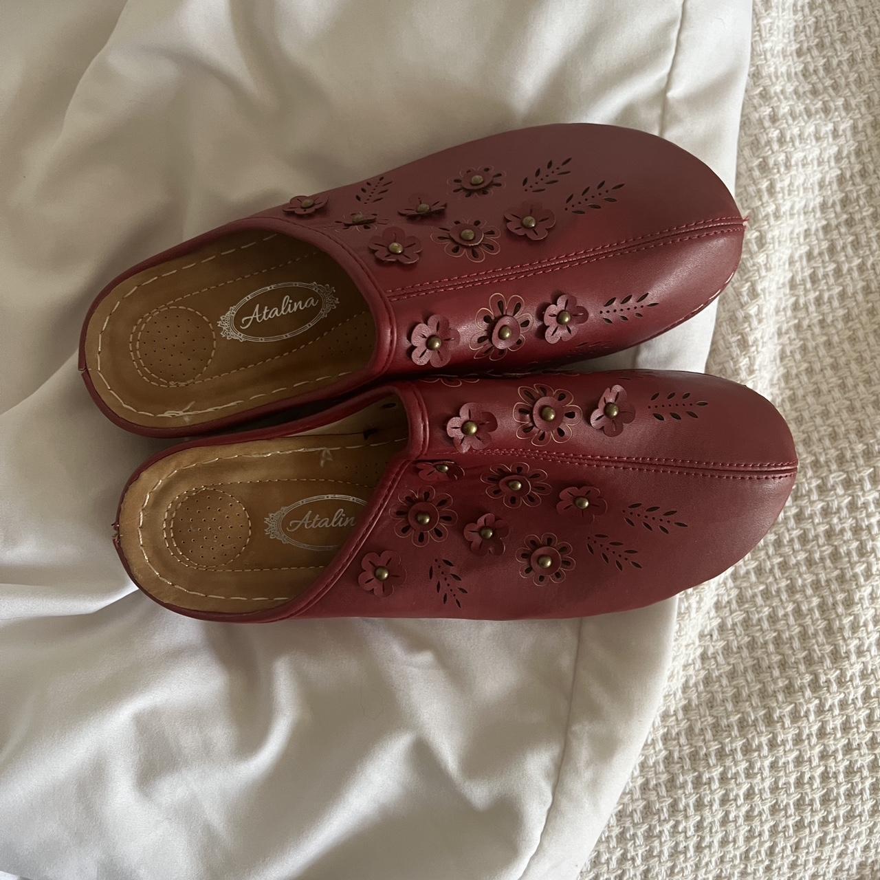 atalina wine red clog mule floral slip on shoes size... - Depop