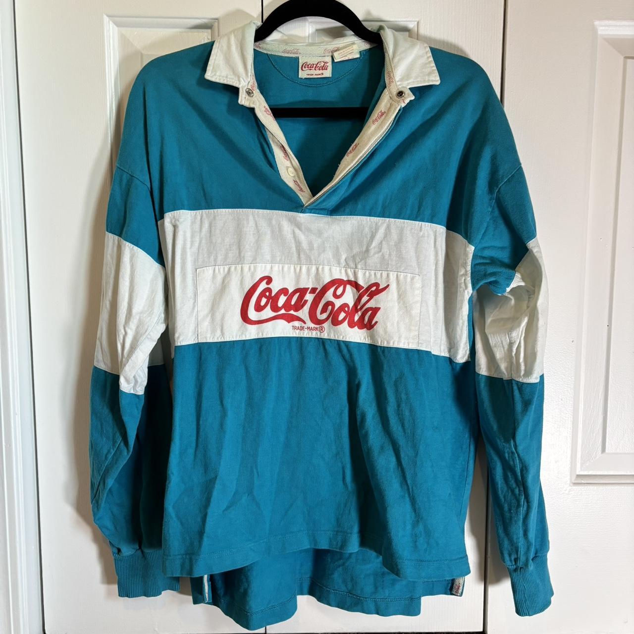 Vintage blue and white Coca-Cola rugby shirt size... | Depop