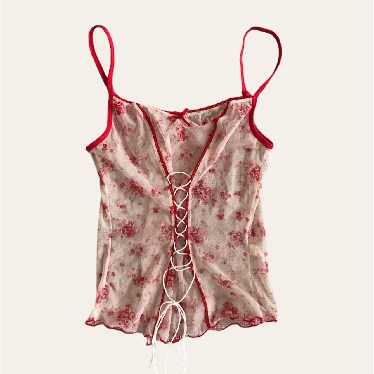 Floral mesh lace up cami Size small - Depop