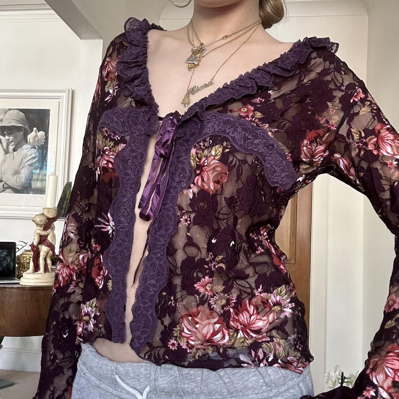Gorgeous vintage purple floral sheer top with ruffle... - Depop