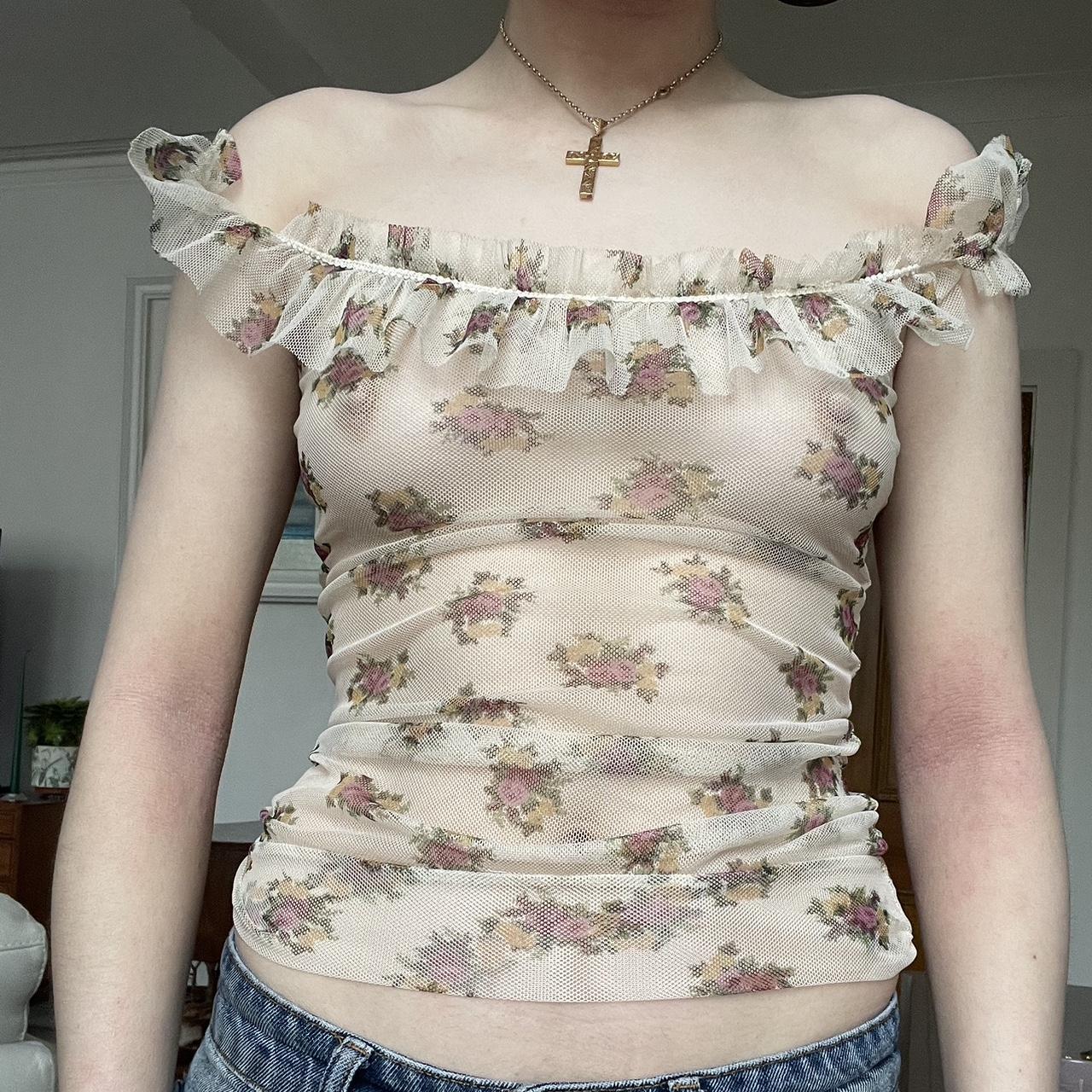 Sheer floral mesh off-the-shoulder top with ruffle... | Depop