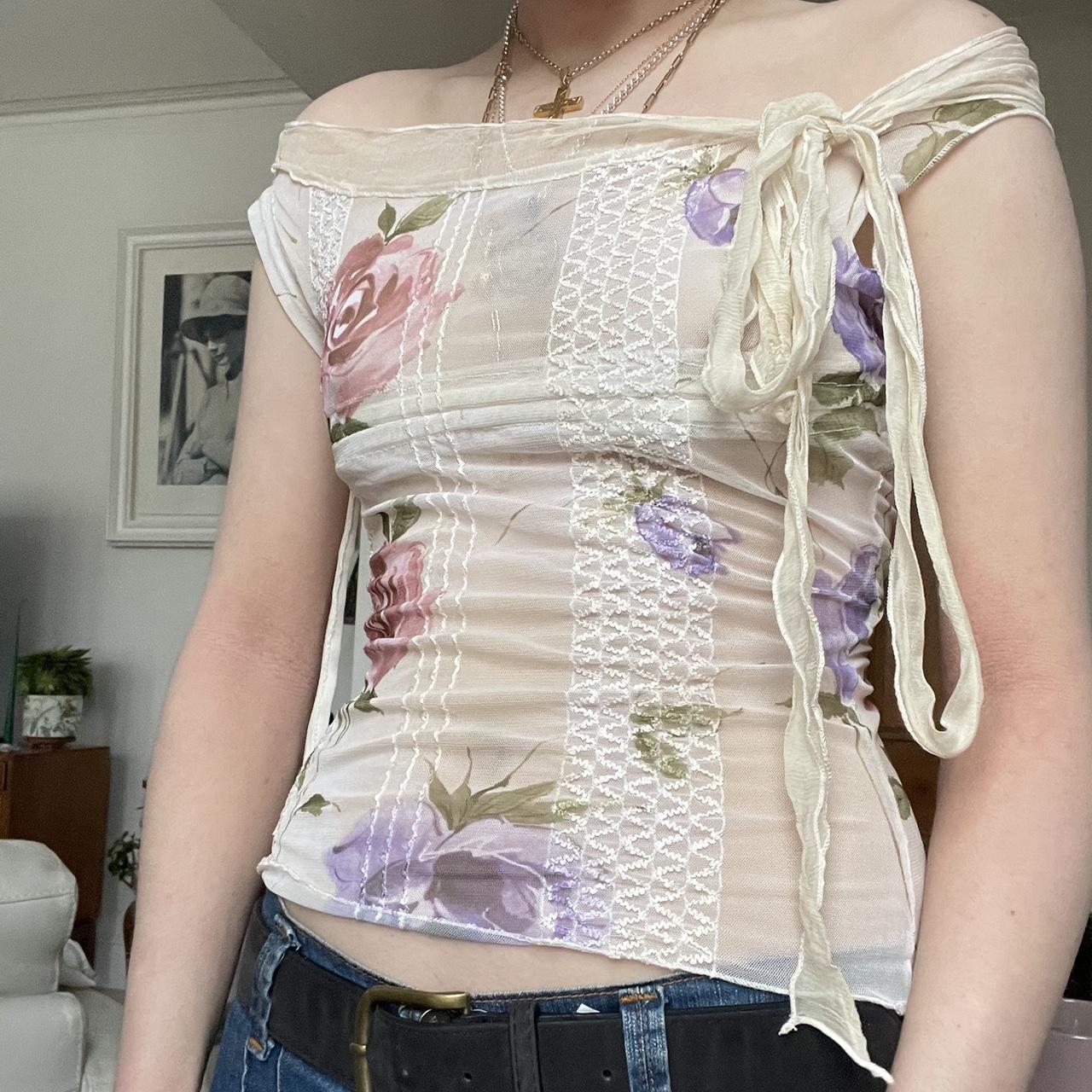 Sheer mesh floral print top with ruched detail and... - Depop