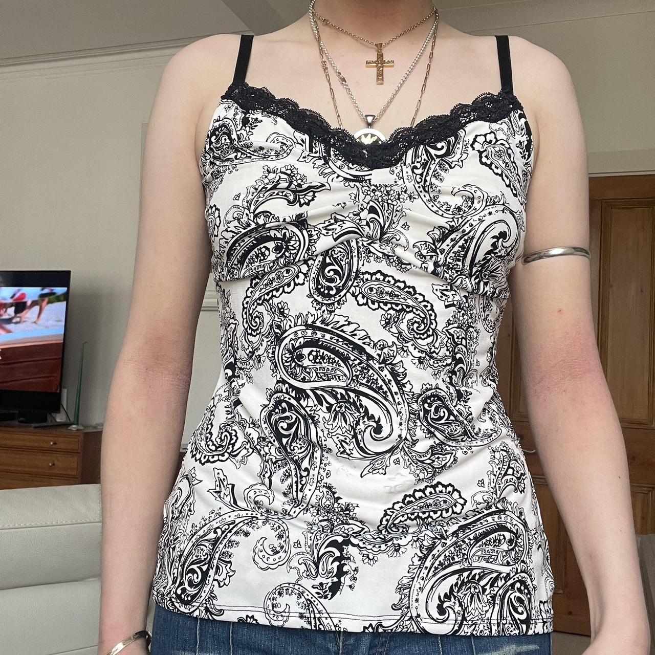 Black and white paisley camisole with lace trim... | Depop