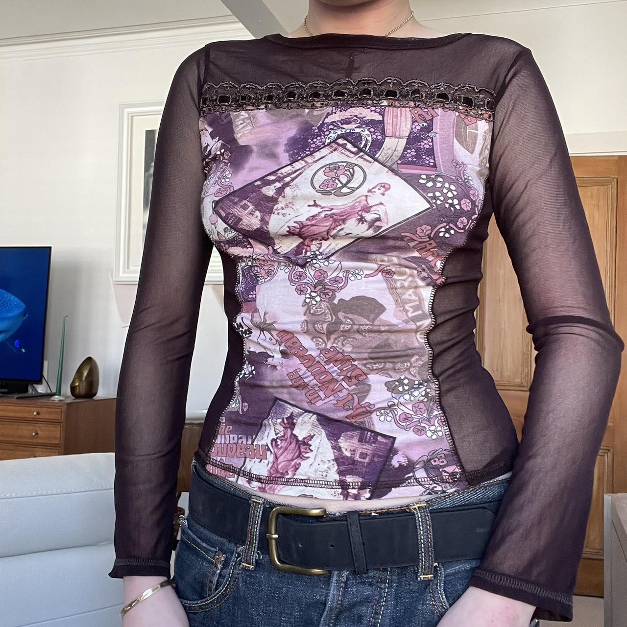 Purple mesh top with lace details and unique design... | Depop