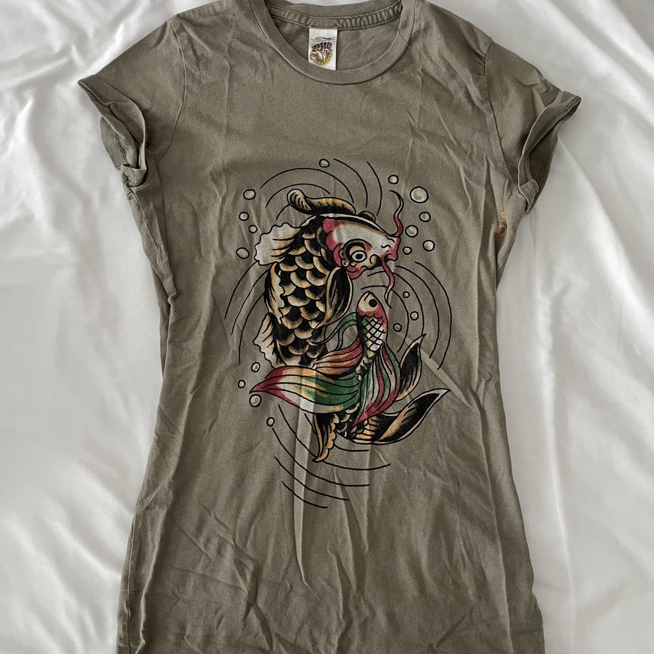 RARE vintage ed hardy army green top with koi fish... - Depop